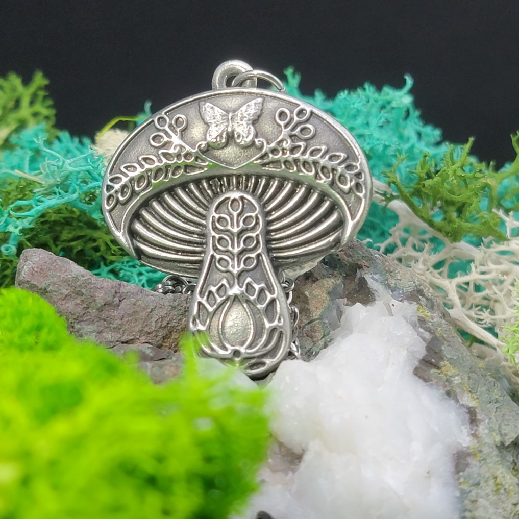 Mushroom Necklace Lotus Flower Butterfly - Sheldon Pewter