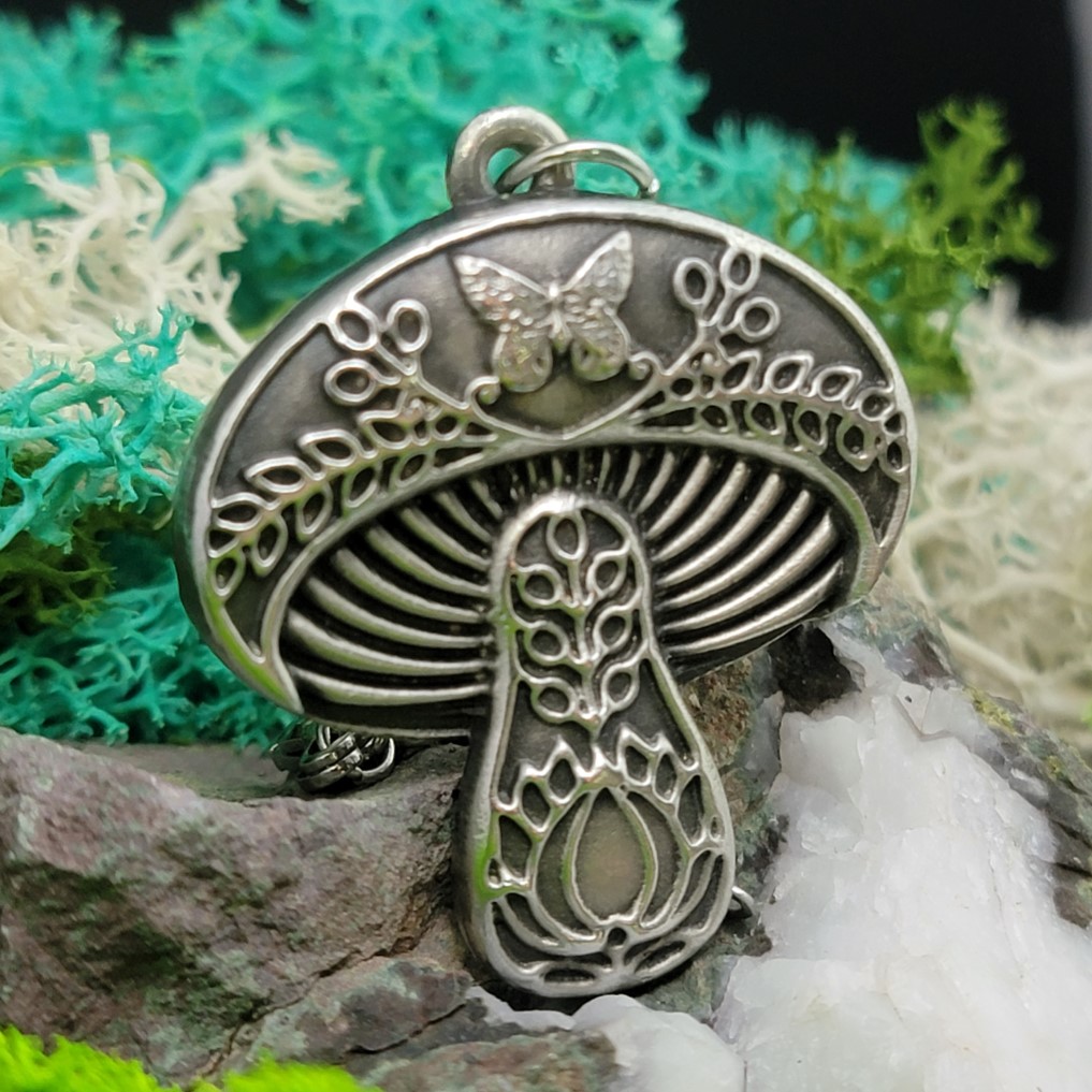 Mushroom Necklace Lotus Flower Butterfly - Sheldon Pewter