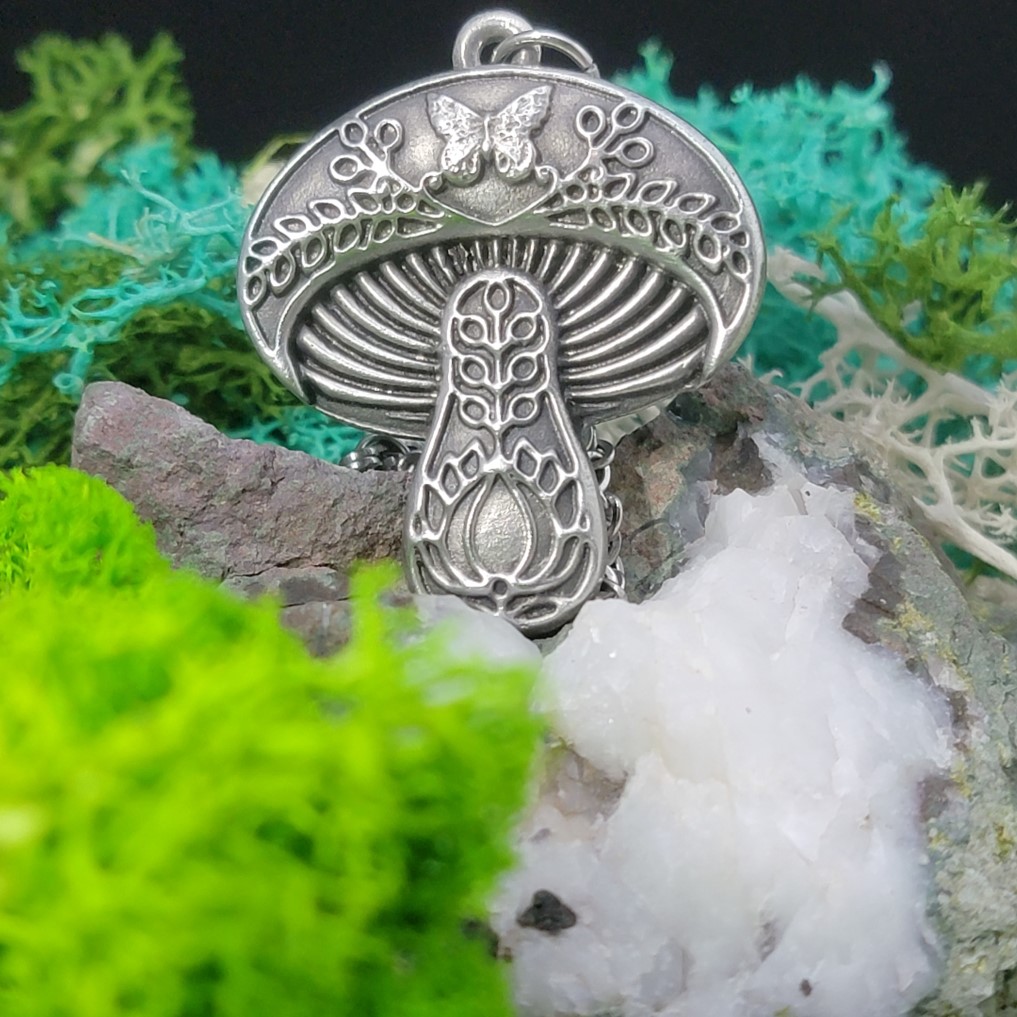 Mushroom Necklace Lotus Flower Butterfly - Sheldon Pewter